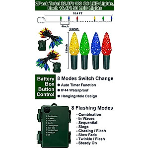 ZOFUNNY 2 Pack C6 Christmas String Light Decor, Total 32.8Ft 100LED Timer 8 Mode Battery Operated Waterproof Xmas Fairy Lights Garden Christmas Tree Decor Home Indoor Outdoor Party, 50LED 16.4Ft Each