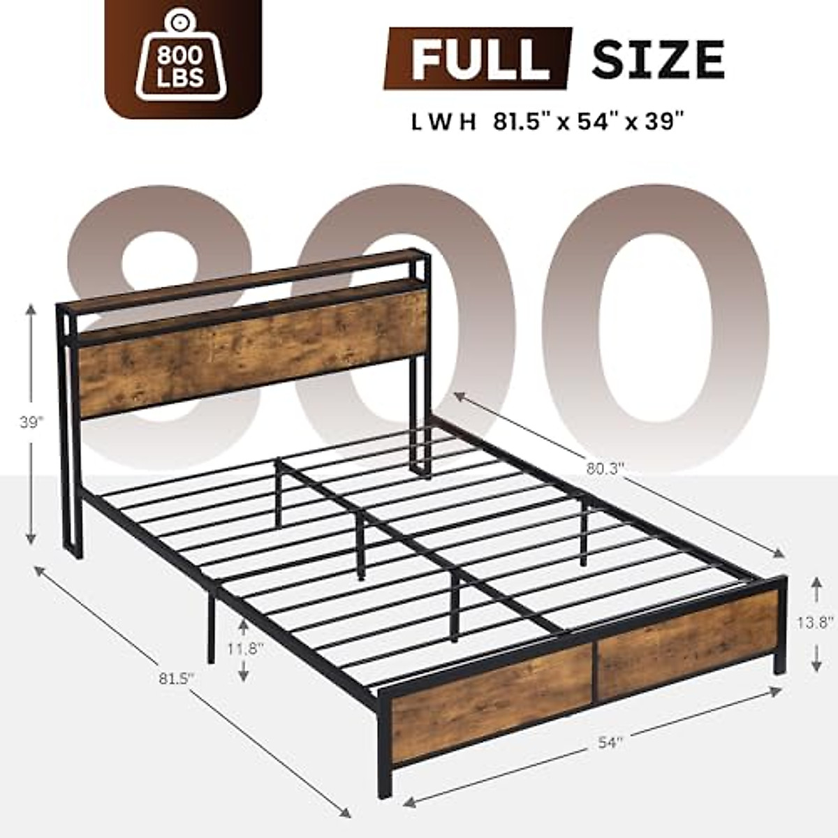 Kiivakii Full Bed Frame with Headboard Storage, LED Platform Bed with USB Ports for Bedroom Farmhouse, Heavy Duty, Wooden Board Decoration, Noise Free No Box Spring Needed, Rustic Brown
