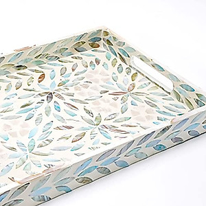 Handmade Serving Trays, Mother of Pearl Inlay Decorative Tray for Room Decor, Coffee Table Tray with Handles Set of 2 Length 16'' and 14'' Trays (TPSET-US)