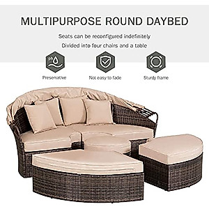 Cemeon Outdoor Round Daybed with Retractable Canopy, Brown Wicker Patio Furniture daybed Sets with Cushions for Patio, Backyard, Poolside