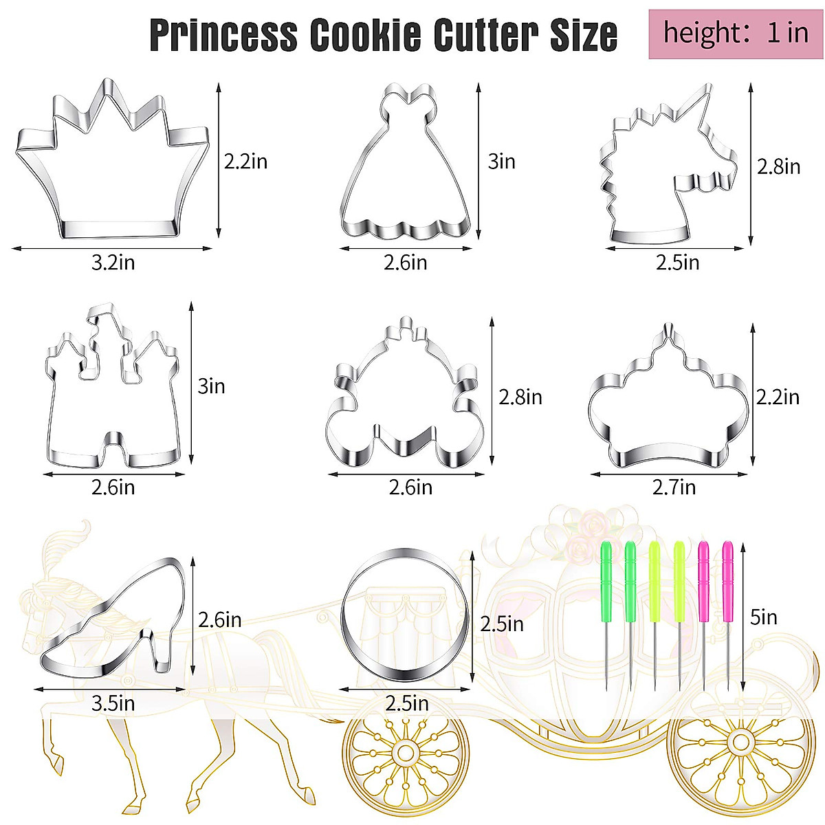 8 Pieces Princess Cookie Cutter Set with Crown, Dress, Castles, Unicorn Head Shapes Stainless Steel Fondant Biscuit Cutters and 6 Pieces Sugar Stirring Pins