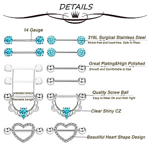 Masedy 6 Pairs 14G 316L Stainless Steel Nipplerings Nipple Tongue Rings Women CZ Barbell Body Piercing Jewelry Blue