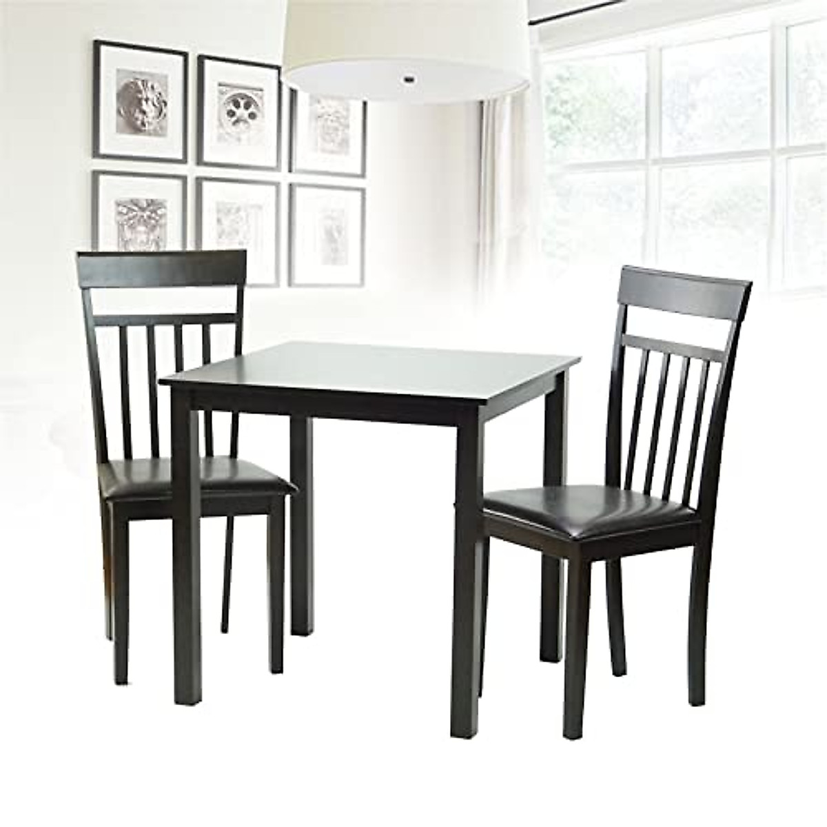 Dining Kitchen Set of 3 Square Table and 2 Classic Wood Chairs Warm in Espresso Black