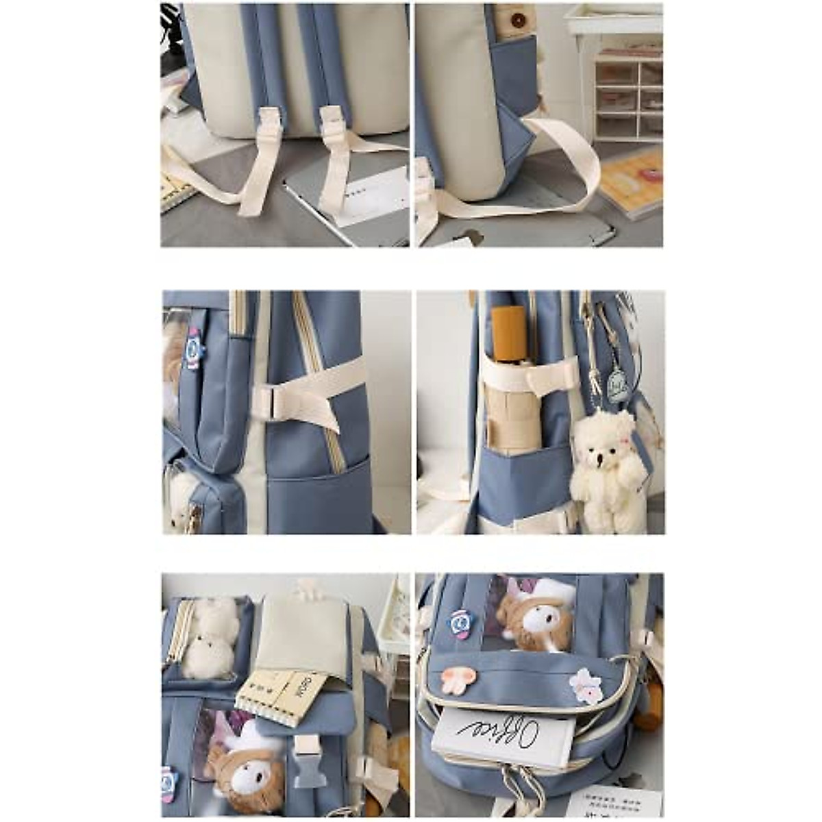 TABANA Kawaii Aesthetic School Backpack 5Pcs Combo Set with Cute Bear Pendant Pins Daypack Small Laptop School Bag Essential Kit (Black)