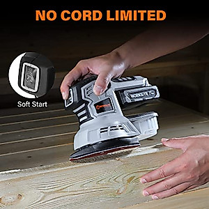 WORKSITE 20V MAX Cordless Random Orbital Sander & Detail Sander, Multi-Purpose Hand Sander w/2.0A Battery & Charger, 20pcs Sanding Discs, Dust Collector and Mouse Pad