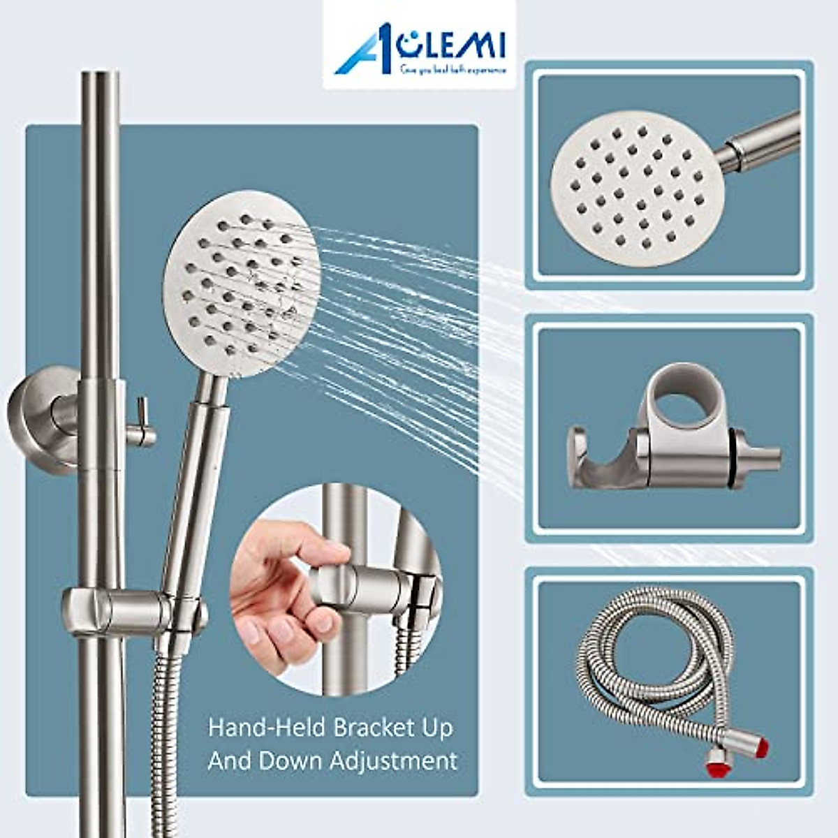 Aolemi Outdoor Shower Fixture SUS304 Shower Faucet Combo Set Stainless Steel 8 Rainfall Shower Head High Pressure Hand Spray Wall Mount 2 Dual Function Brush Nickel Single Handle
