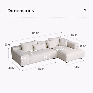 Acanva Modern Minimalist Sofa with Extra Deep Seats for Living Room, Bedroom and Lounge, L-Shaped Sectional Couch with Right Chaise,White