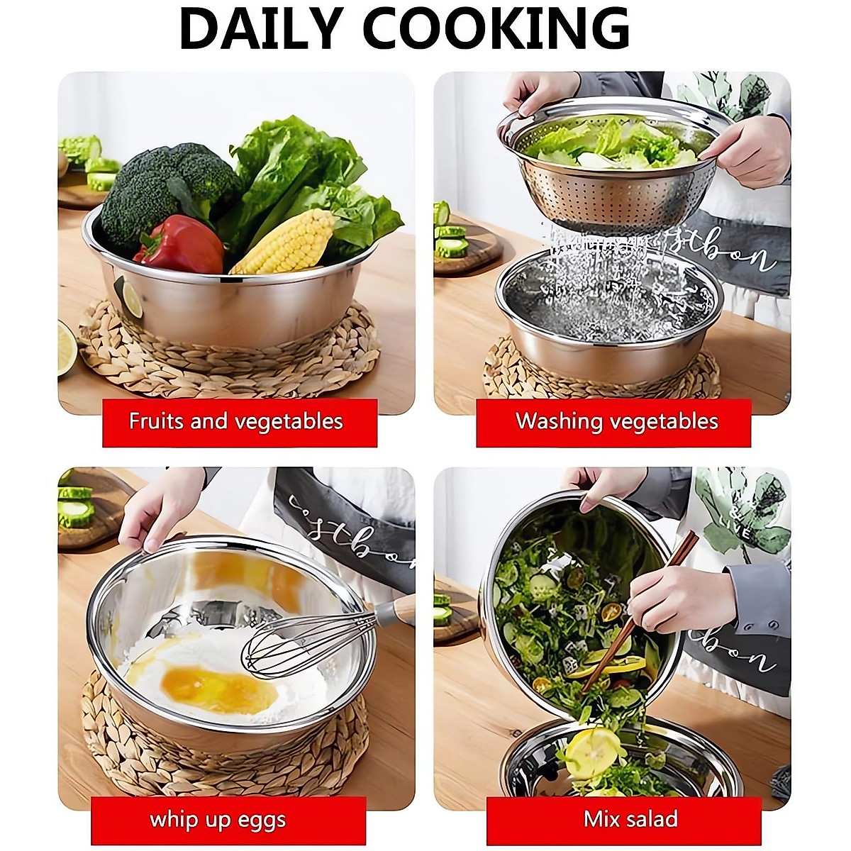Germany Multifunctional Stainless Steel Basin - 2024 New Colander Strainer Set, Salad Spinner Fruit Vegetable Rice Washing Strainer Basket Bowl, Rice Rinser Food Graters with Container (DI-9.45in)