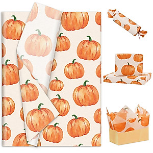 JarThenaAMCS 100 Sheets Fall Pumpkin Tissue Paper Watercolor Gift Wrapping Paper Vintage Art Paper for Autumn Harvest Thanksgiving Birthday Baby Shower Party Decor, 14 x 20 Inch