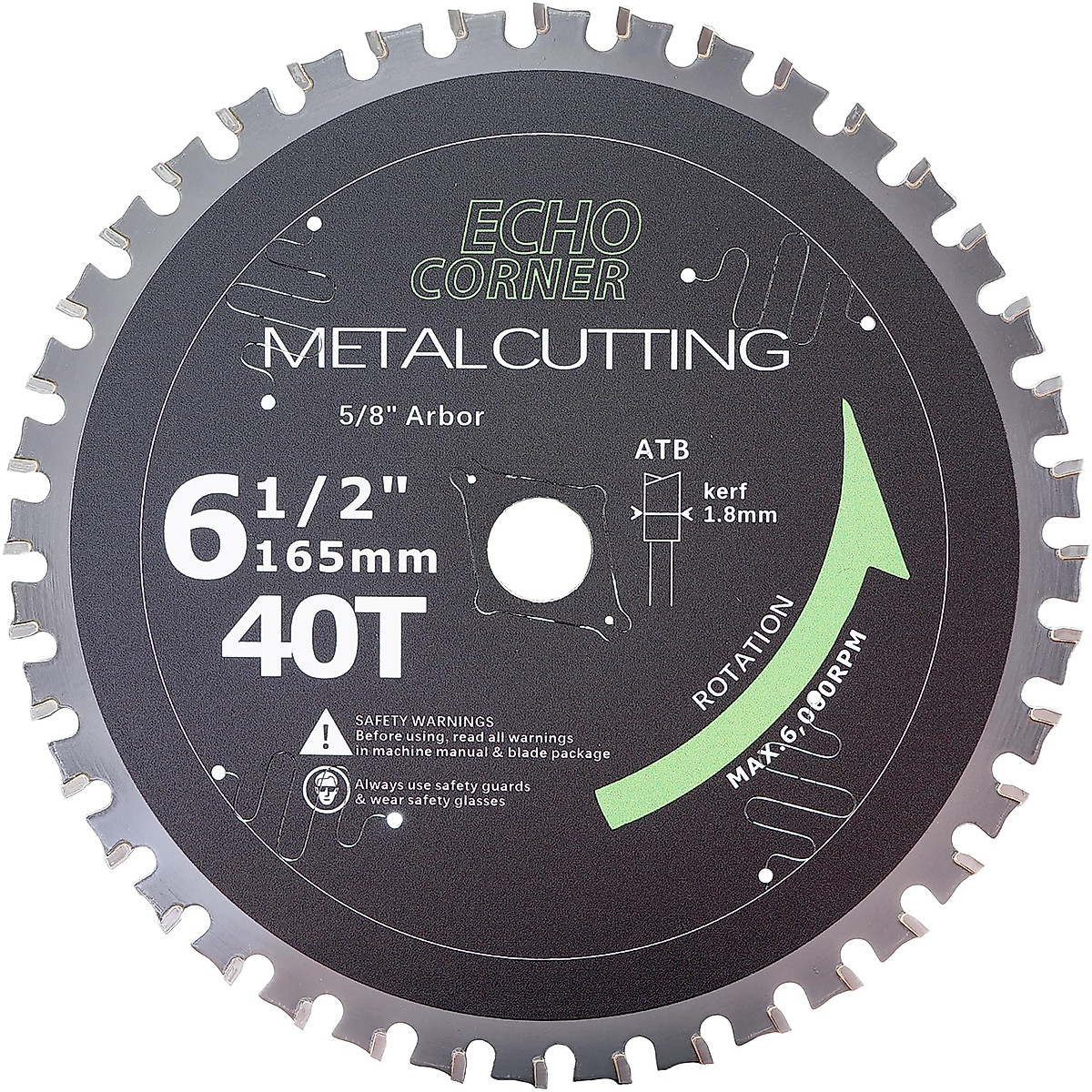 Echo Corner 6-1/2" Steel Cutting Circular Saw Blade, for Mild Steel Sheet Carbon Steel Plate Angle-Iron or Other Tough Metal, Carbide TCT 40-Tooth 5/8" Arbor