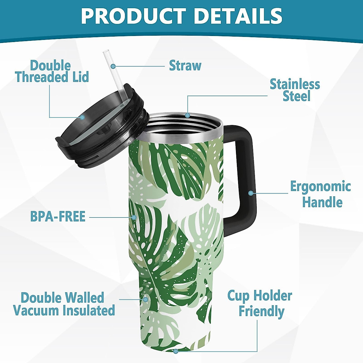 Yasala Car Tumbler with Handle Botanical Palm Leaves Travel Mug Coffee Cup Insulated Beverage Container Mega Cup for Hot Cold Drinking Thermos Water Bottle Cupholder Friendly 40 oz