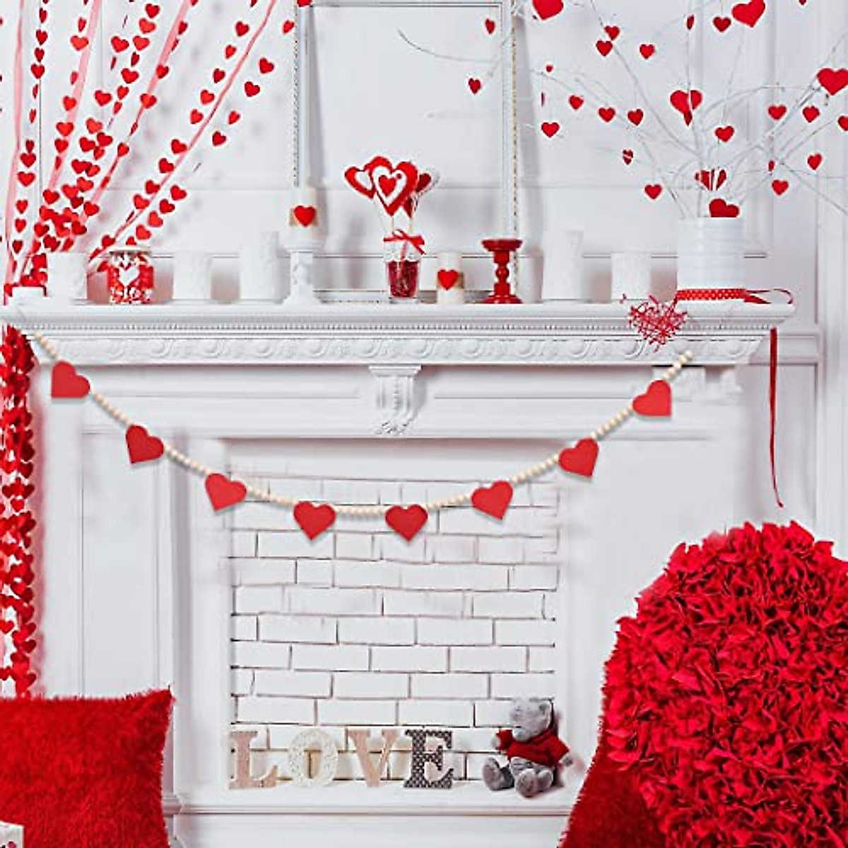 Valentine's Day Wood Bead Garland for Fireplace Mantel - Red Felt Hearts Love Decor Banner Natural Boho Modern Farmhouse Beaded Wall Hanging, Engagement Banner Photo Backdrop