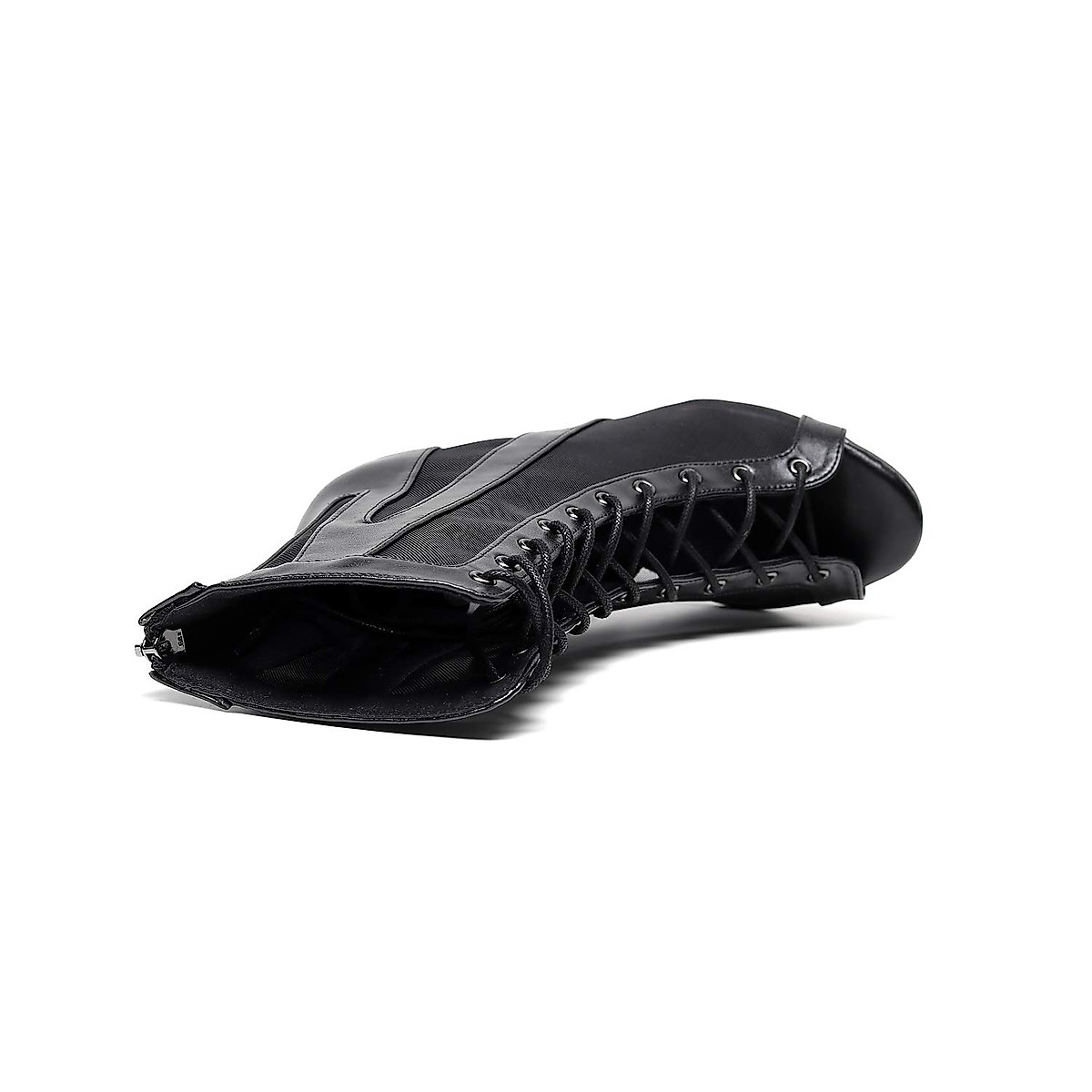 Goettin open toe dance boots sexy black microfiber net 8.5cm high heel dance shoes women (7.5)