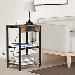 Nightstand with Charging Station End Table with USB Ports and Power Outlets Side Tables Bedroom with Storage Shelves Industrial End Table 3 Tier USB Bedside Tables in Living Room Farmhouse Brown