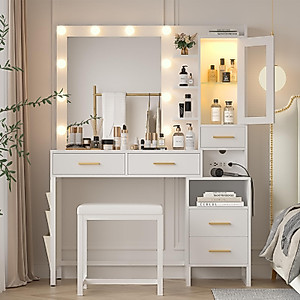 CSZZD Makeup Vanity Desk with Mirror and Lights, White Vanity Table Set with Charging Station, LED Cabinet, 5 Drawers & Storage Bag, 3 Lighting Modes, Bedroom Vanity Mirror with Lights Desk and Chair