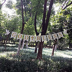 Uimiqc God Bless Baptism Banner Gold Glitter First Holy Communion Decorations Baby Shower Party Decor