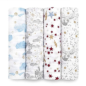 aden + anais Swaddle Blanket, Boutique Muslin Blankets for Girls & Boys, Baby Receiving Swaddles, Ideal Newborn & Infant Swaddling Set, Perfect Shower Gifts, 4 Pack, Harry Potter