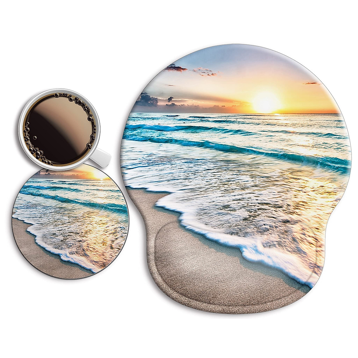 Ergonomic Mouse Pad with Wrist Support Rest,[ 20% Larger] Mousepad Gel Wrist Rest , with Coaster Non-Slip & Pain Relief for Computer, Desk, Home&Office-Beach