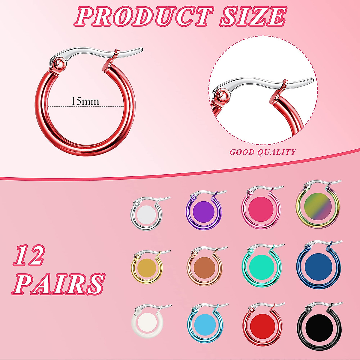 Sanfenly 12 Pairs Stainless Steel Hoop Earrings Small Hoop Earrings for Women Hypoallergenic Multi Colored Silver Gold Plated Hoop Earrings Set (10mm,12mm,15mm,20mm)