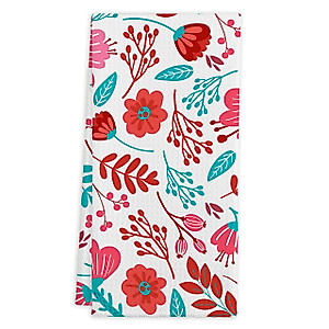 QIYUHOY Hand Drawn Floral Pattern in Red Tones Kitchen Towels or Tea Towels, 16 X 24 Inches Cotton Modern Dish Towels Dishcloths, Dish Cloth Flour Sack Hand Towel for Farmhouse Kitchen Decor