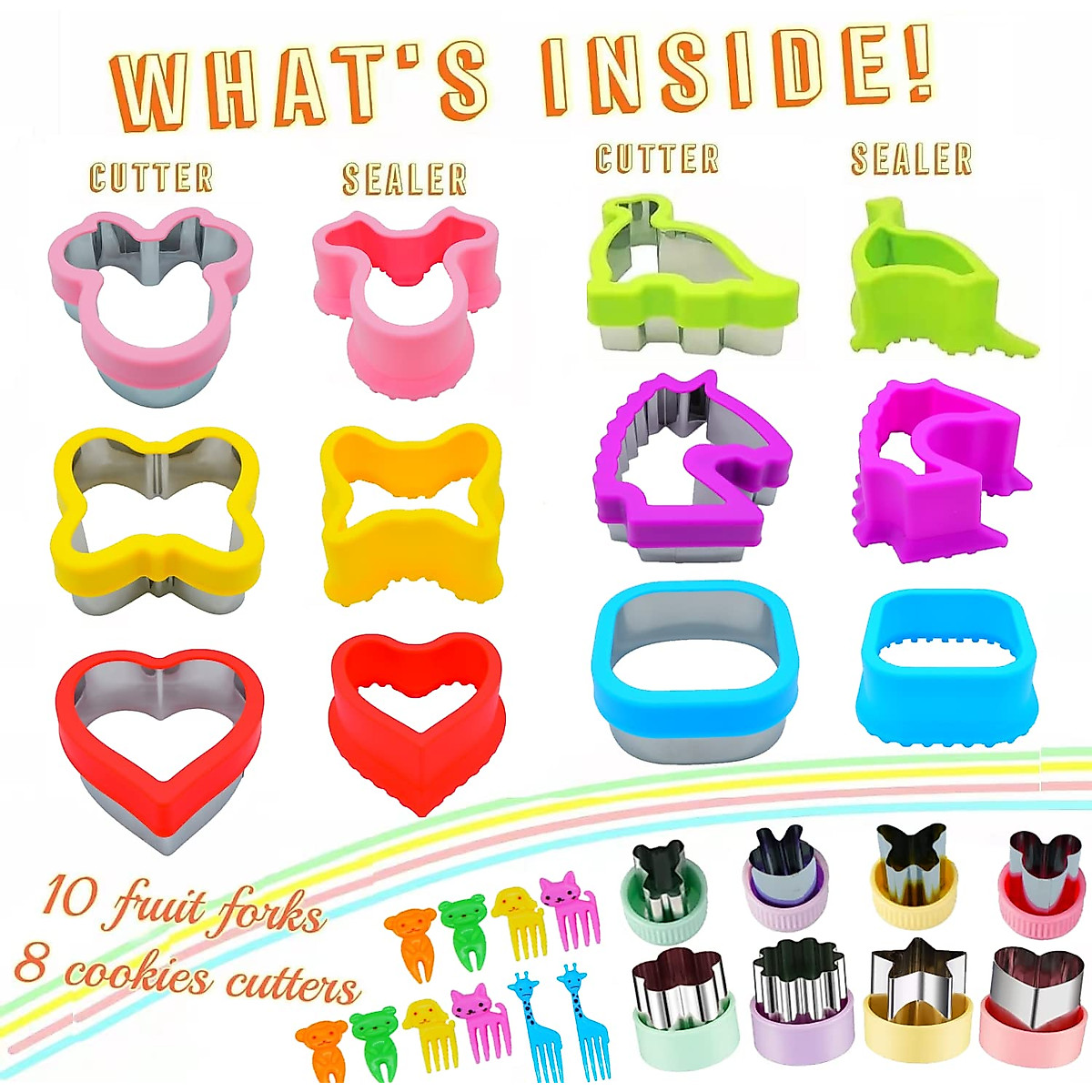 BANIC 24Pcs Sandwich Cutter and Sealer Set, Uncrustables Maker, Crustless Sandwich Cutter shapes Set Butterfly Unicorn Dino ect, Lunch & Bento Box Accessories,Bread Fruit Cookie Cutters for kids