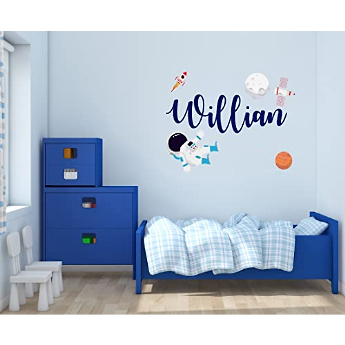 Custom Name Astronaut Wall Decal - Personalized Astronaut Wall Sticker - Spaceship Planet Outer Space Wall Art Mural - Wall Decal for Nursery Bedroom playroom Decoration (Wide 15"x11" Height)