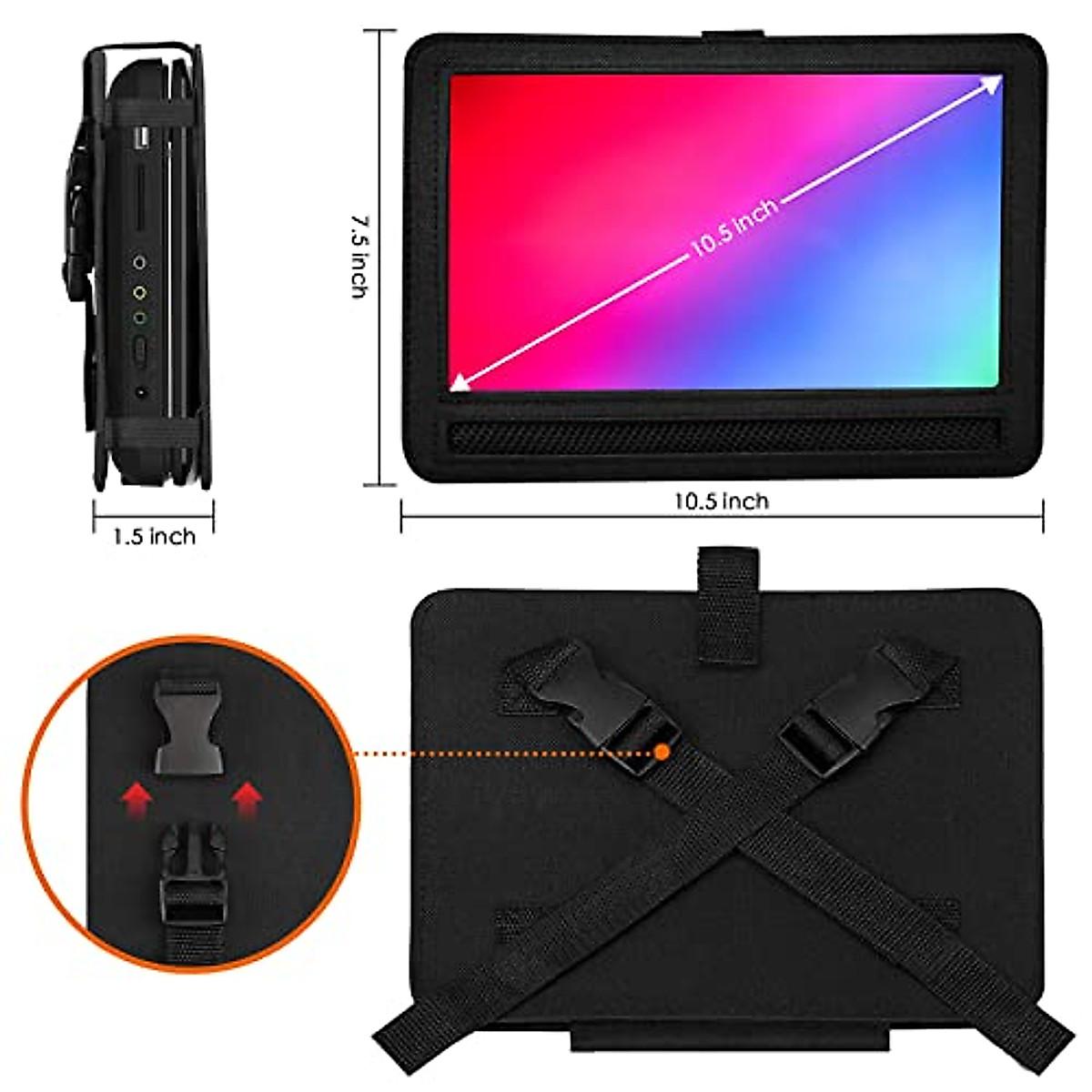 Portable DVD Player Headrest Mount Holder Car Headrest Mount Holder Strap Case for Swivel & Flip Style Portable DVD Player with 10 inch to 10.5 inch Screen (CZB1012)