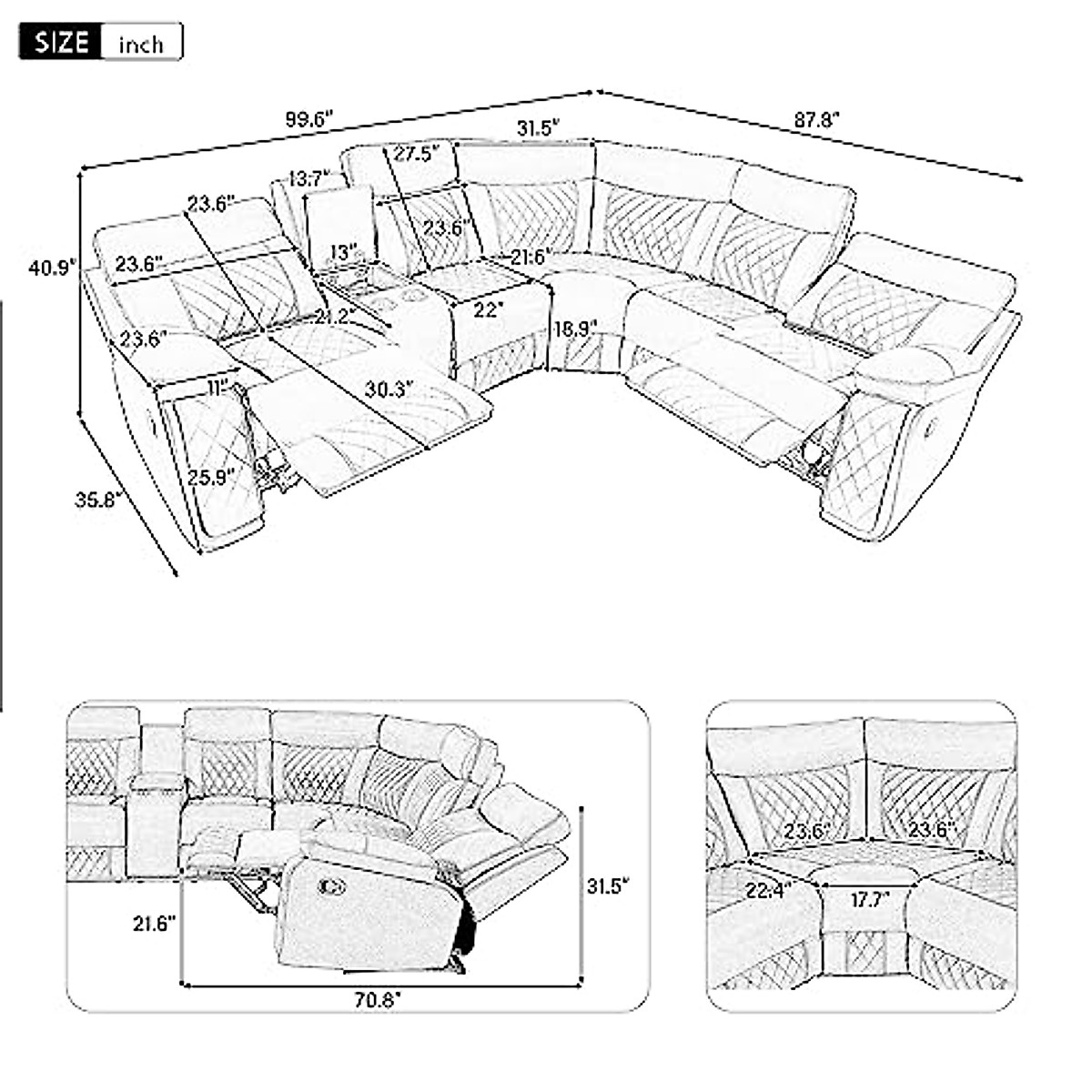 ERYE L-Shape Manual Reclining Motion Sectional Sofa Couch,5 Seaters Corner PU Leather Upholstered Recliner Sofa&Couch W/Storage Console,2 Stainless Steel Cup Holders, for Living Room Sets