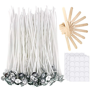Candle Wicks 100 Pcs 6 inch with 30Pcs Candle Wick Stickers and 10 Pcs Wooden Candle Wick Centering Device for Soy Beeswax Candle Making and Candle DIY