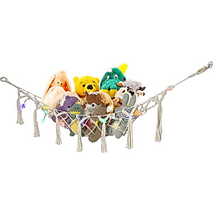 Artist Unknown Stuffed Animal Net or Hammock Jumbo - with Warm White LED String Star Lights, Wall Hooks- Stuffed Animal Hammock - Wall Net for Stuffed Animals - (X-Large - Cream / Ivory)