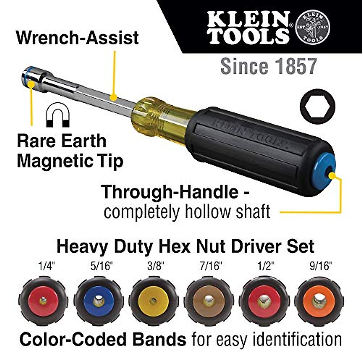 Klein Tools 635-6 Tool Set, Heavy Duty Magnetic Nut Drivers SAE Sizes 1/4, 5/16, 3/8, 7/16, 1/2, and 9/16-Inch Hex, 6-Inch, 6-Piece