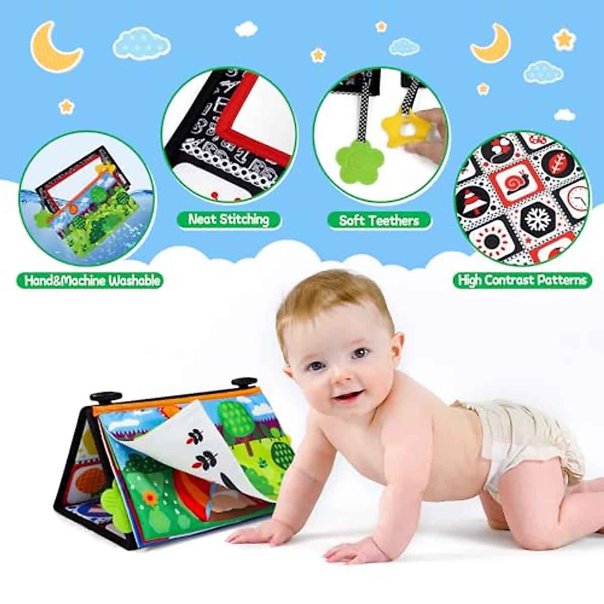 Dr.Rapeti Tummy Time Floor Mirror for Baby Infant Toddler Kids Black and White High Contrast Baby Toy with Crinkle Cloth Book Teethers Floor Activity Toy Washable Non-Toxic