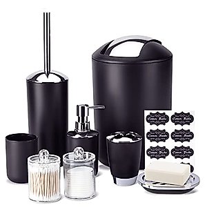 Fixwal Bathroom Accessories Set 8 Piece Plastic Gift Set Trash Can Toothbrush Holder Toothbrush Cup Soap Dispenser Soap Dish Toilet Brush Holder 2 Qtip Holder Dispensers with Labels (Black)