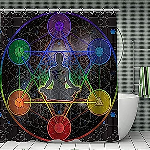 FFjingpu Colorful Chakras Shower Curtain Set Waterproof Washable Polyester Bath Curtain Anti-Slip Rugs Toilet Lid Cover Bath Mat Set（71X71Inch）