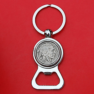 US 1937 Indian Head Buffalo Nickel 5 Cent Coin Silver Tone Key Chain Ring Bottle Opener NEW