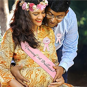 MEANT2TOBE Baby Shower Decoration for Mom To Be and Dad To Be, Pink, Brown Flowers style Tiara + Pink & Silver Sash + Pink & White Daddy to be pin, Maternity Christmas Gift for Her nd Him