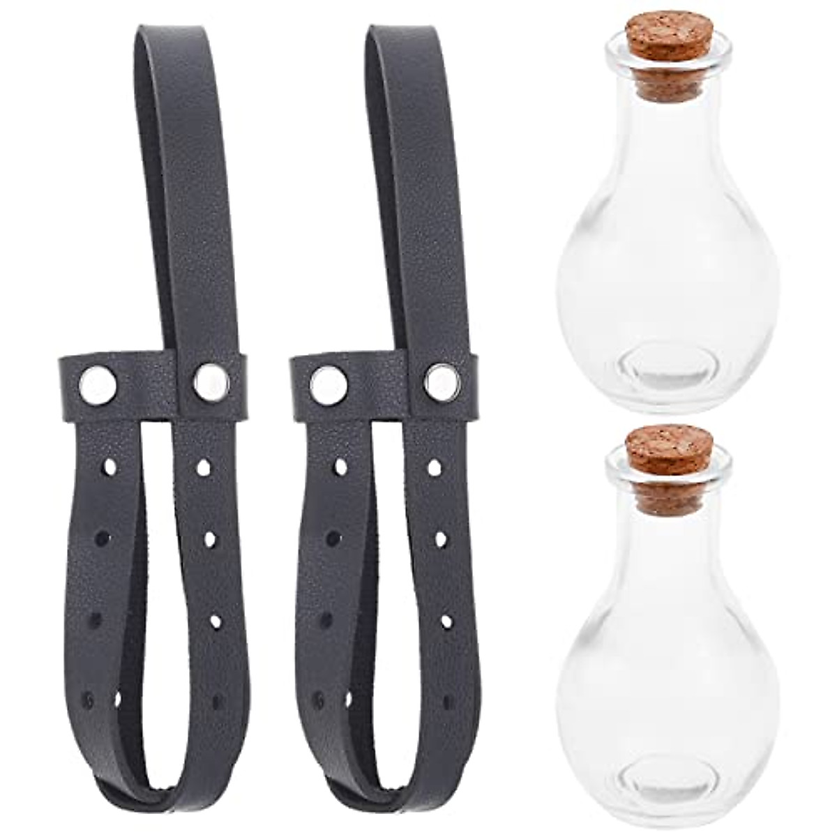 Eco-Fused Small Cosplay Potion Bottle 2x - Clear Spherical Cosplay, Wizard, Witch Costume Accessory - Incl. Cork Stopper, Black Faux Leather Sleeve Holder, Belt Loop