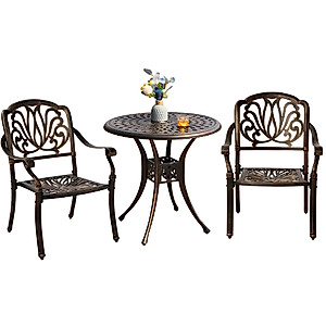 Grepatio 3 Piece All Weather Cast Aluminum Dining Set - 2 Patterned Back Chairs, 1 Bistro Table with Umbrella Hole -Outdoor Furniture Dining Set for Patio, Antique Bronze
