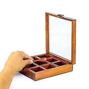 8" Wooden Handcrafted Multi-Compartment Square Storage Box | Kitchen Ware Jar Container Canister For Spices/Sugar/Tea/Dry Fruits/Masala | Christmas Premium Gifts Ideas