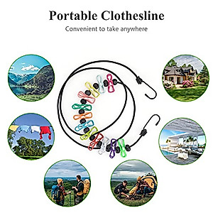 Techops Portable Clothesline, Retractable Adjustable Clothes Line Rope with 12 Clothespins, 13 Anti-Skid Clips, Windproof Travel Camping Drying Clothes Rope for Hotel, Outdoor and Indoor