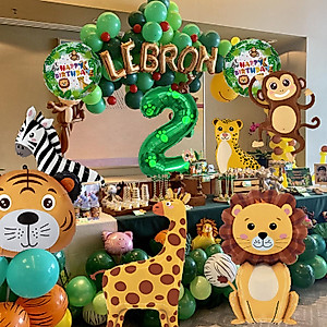 Jungle Animal Balloons, Safari Birthday Decorations, Large 40in Number 2 Balloon, Cute Smile Animal Balloons, for Boys Girls 2 Years Old Birthday, Jungle Safari Theme Party