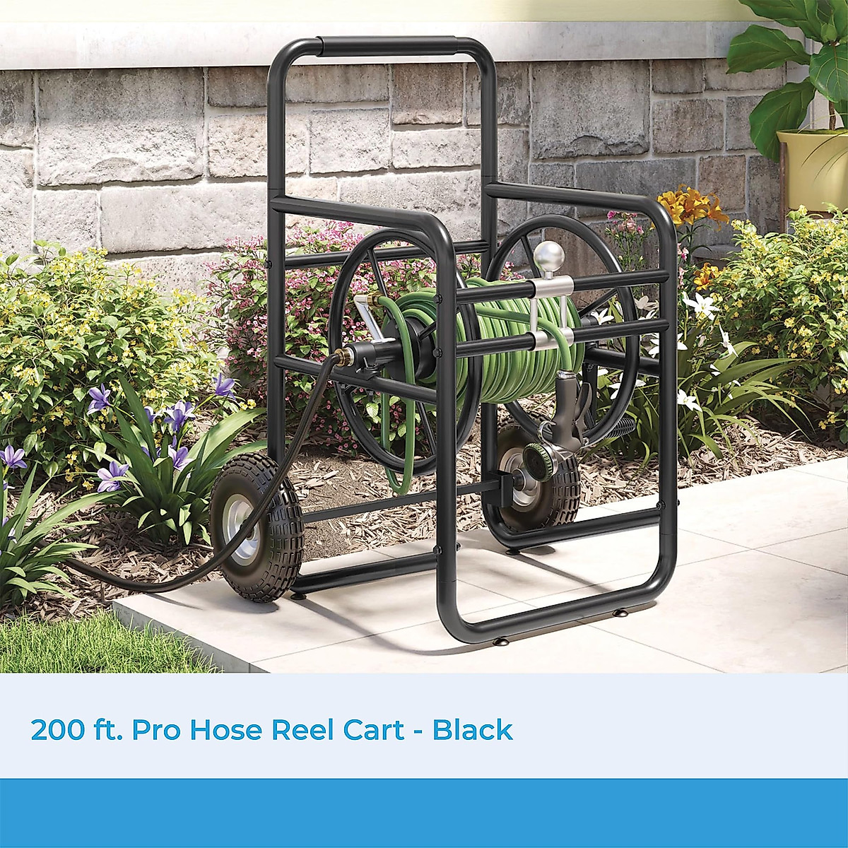 Suncast 200' Pro Hose Reel Cart with Flat-Free Rubber Tires, Outdoor Weather-Resistant Steel Garden Hose Reel Cart, 200' of 5/8" Hose Capacity