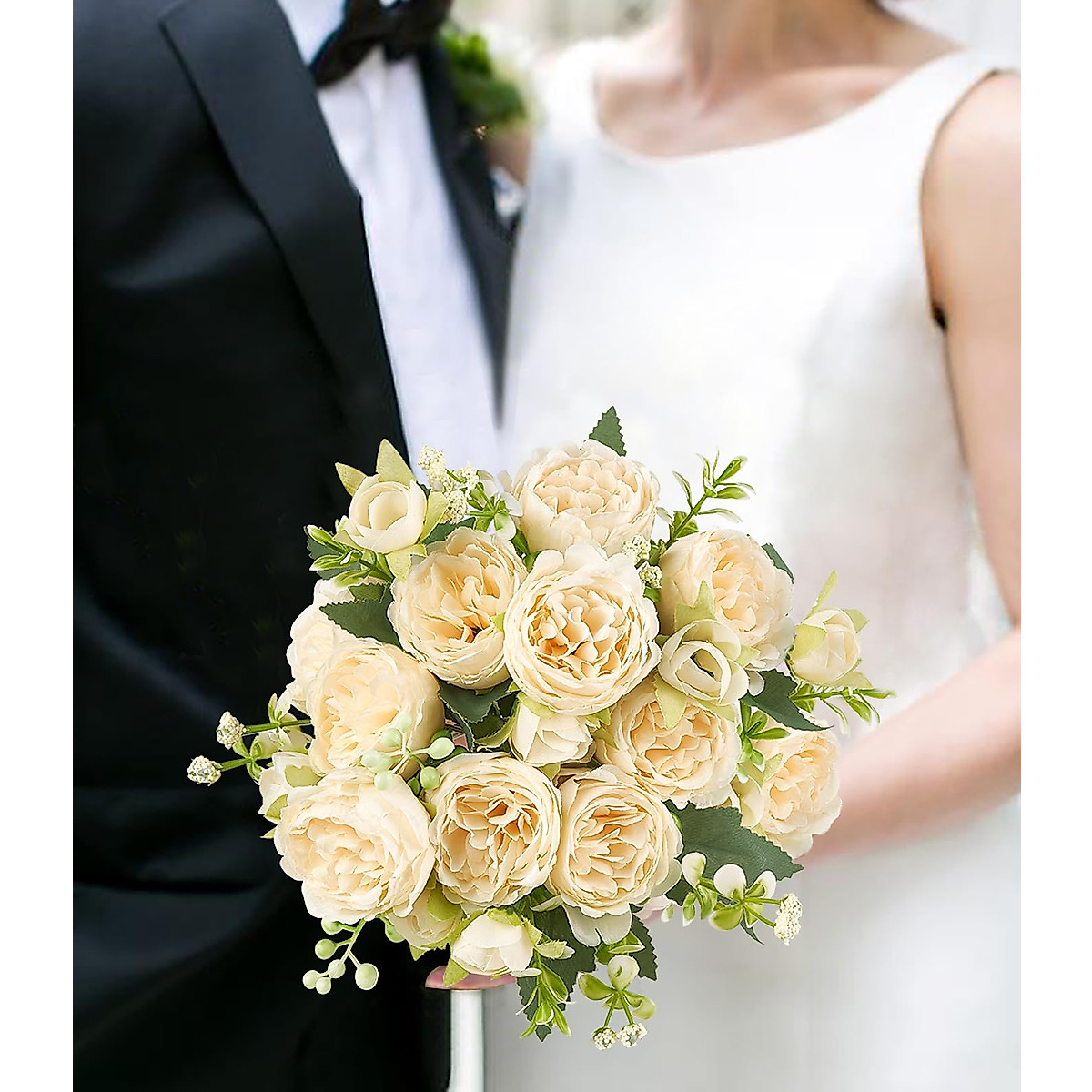 Mkono Peonies Artificial Flowers, Small Silk Flowers for Home Decor Indoor 2 Bundles Fake Bouquet Faux Floral Arrangements Dining Table Centerpieces for Kitchen Bridal Wedding Party Decor, Champagne