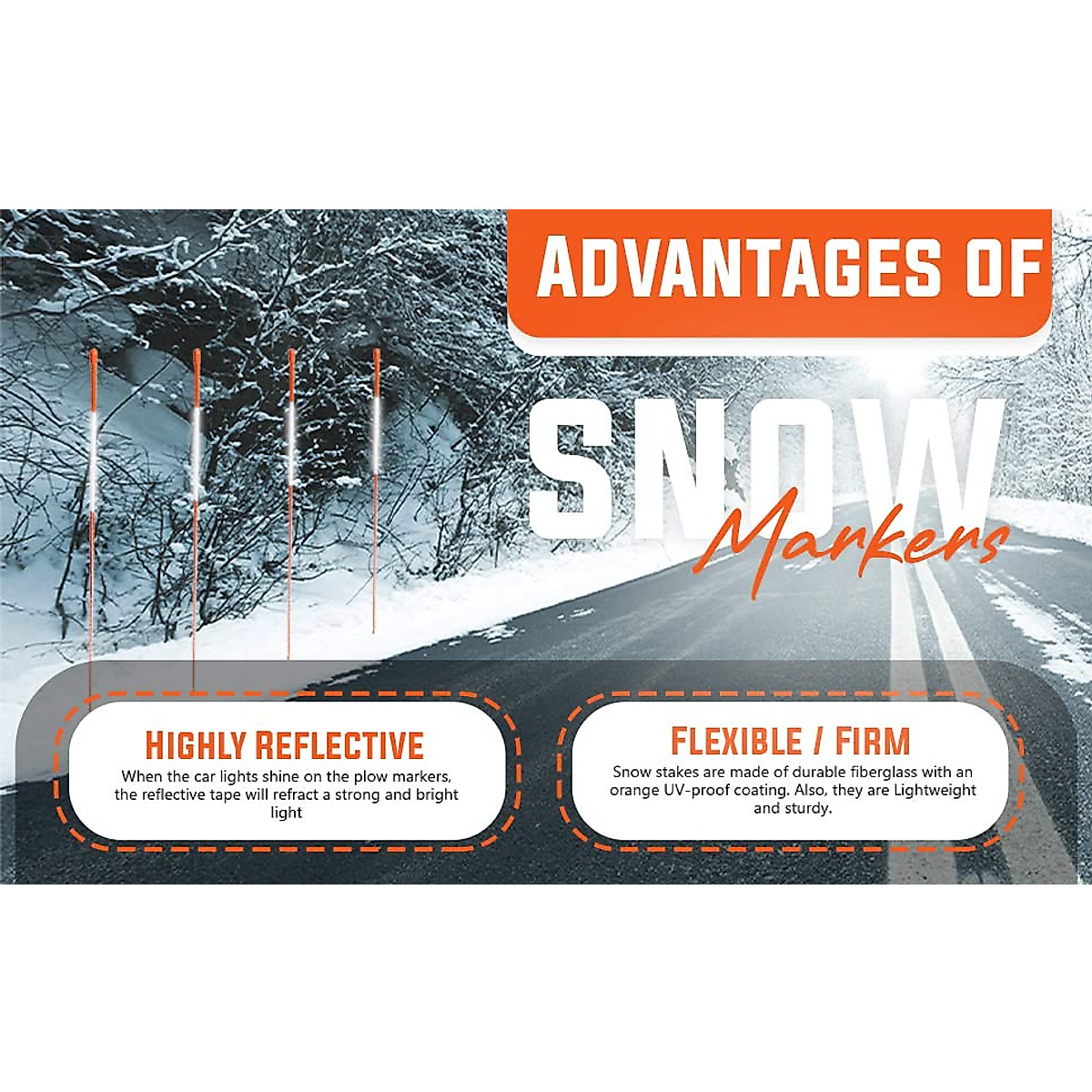 72" Driveway Markers, Snow Stakes, Plow Stakes- Includes 12" Install Bit - Orange Reflective Fiberglass 6' (20)