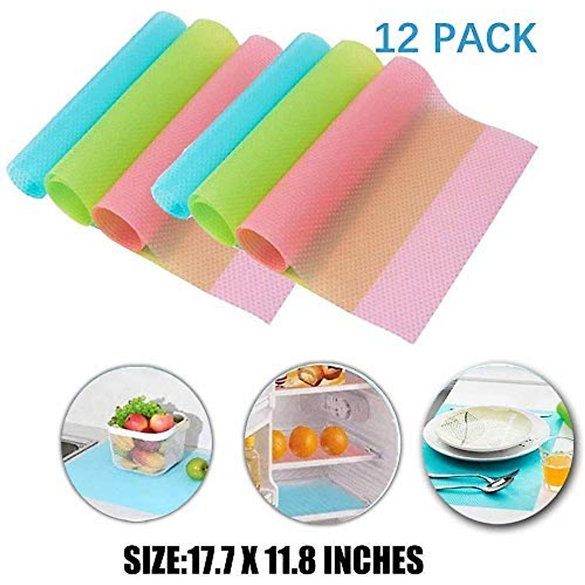 Kinweed 12 PCS Shelf Mats Refrigerator Liners Washable Refrigerator Pads Fridge Mats Drawer Table Placemats(4 Blue+4 Pink+4 Green)