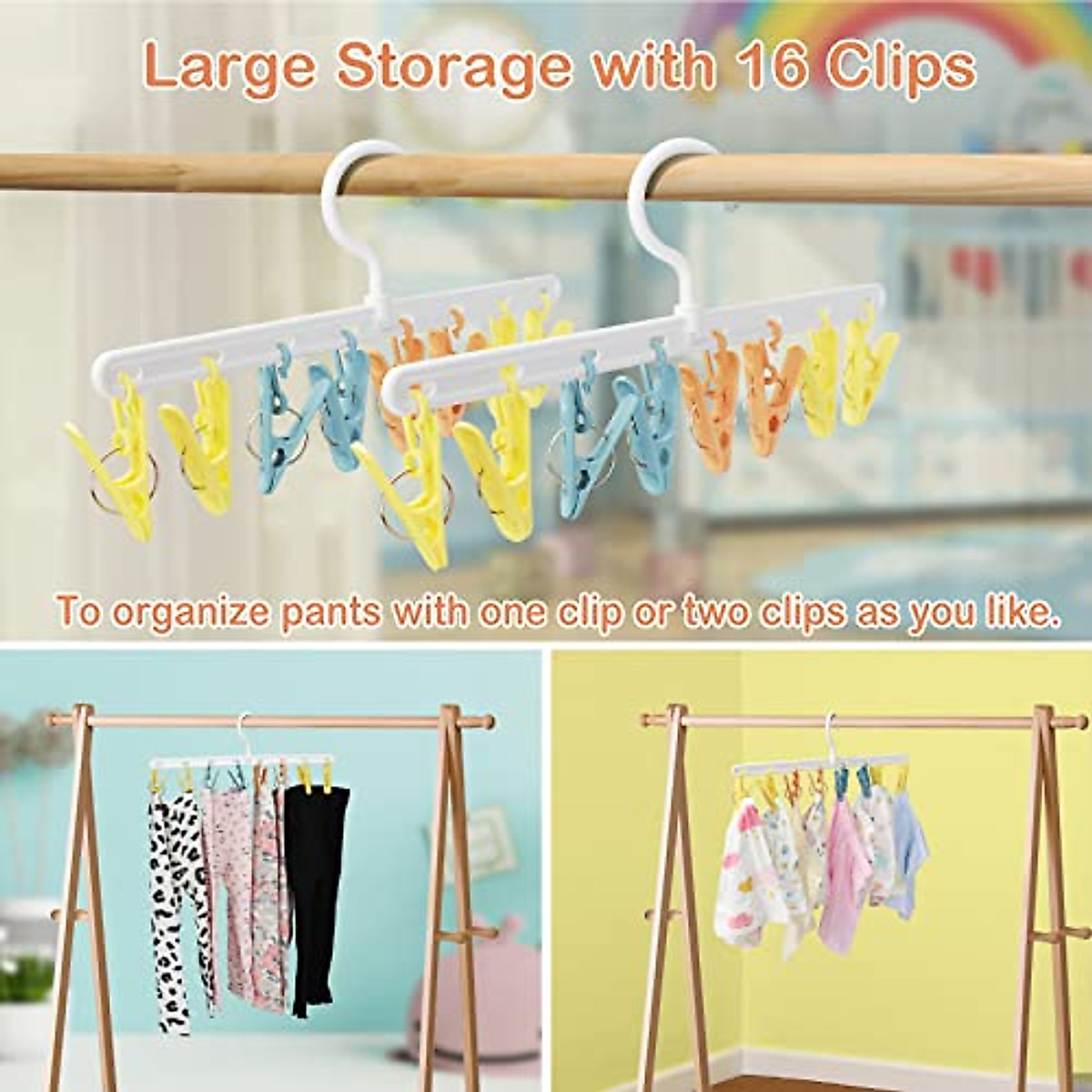Baby Clothes Organizer Hangers with Clips, 360° Rotating Kids Pants Hangers, Space Saving, Vimiv Non-Slip Racks for Newborn Children Infant Toddler Towel Bib Sock Hangers w/16 Clips, 2 Pack Bulk
