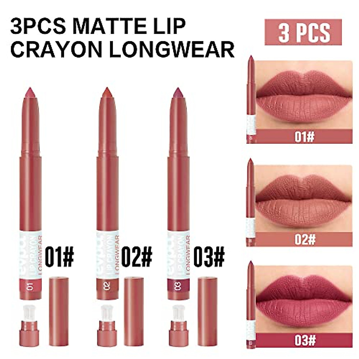 BINGBRUSH 3 Colors Crayon Matte Longwear Lipstick Pack Set,Moisture Smooth Lipliner With Built-in Sharpener Ultimate for Makeup- Nourishing Lipgloss