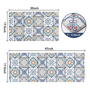 QUILTINA Kitchen Mats Cushioned Anti-Fatigue (2 PCS), Waterproof Non-Slip & Stain Resistant Kitchen Rug, 0.47'' Thick PVC Ergonomic Comfort Foam Rugs for Floor Home, Blue Flower Tile Pattern