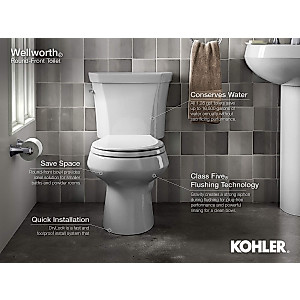 Kohler K-3577-RA-0 Wellworth Classic 1.28gpf Round-Front Toilet with Class Five Flushing Technology and Right-Hand Trip Lever, White, 12 Inch