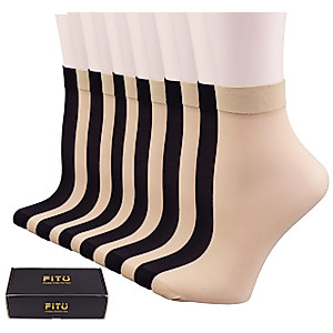 FITU Women's 12 Pairs Nylon Ankle High Tights Hosiery Socks (6 Black 6 Beige)